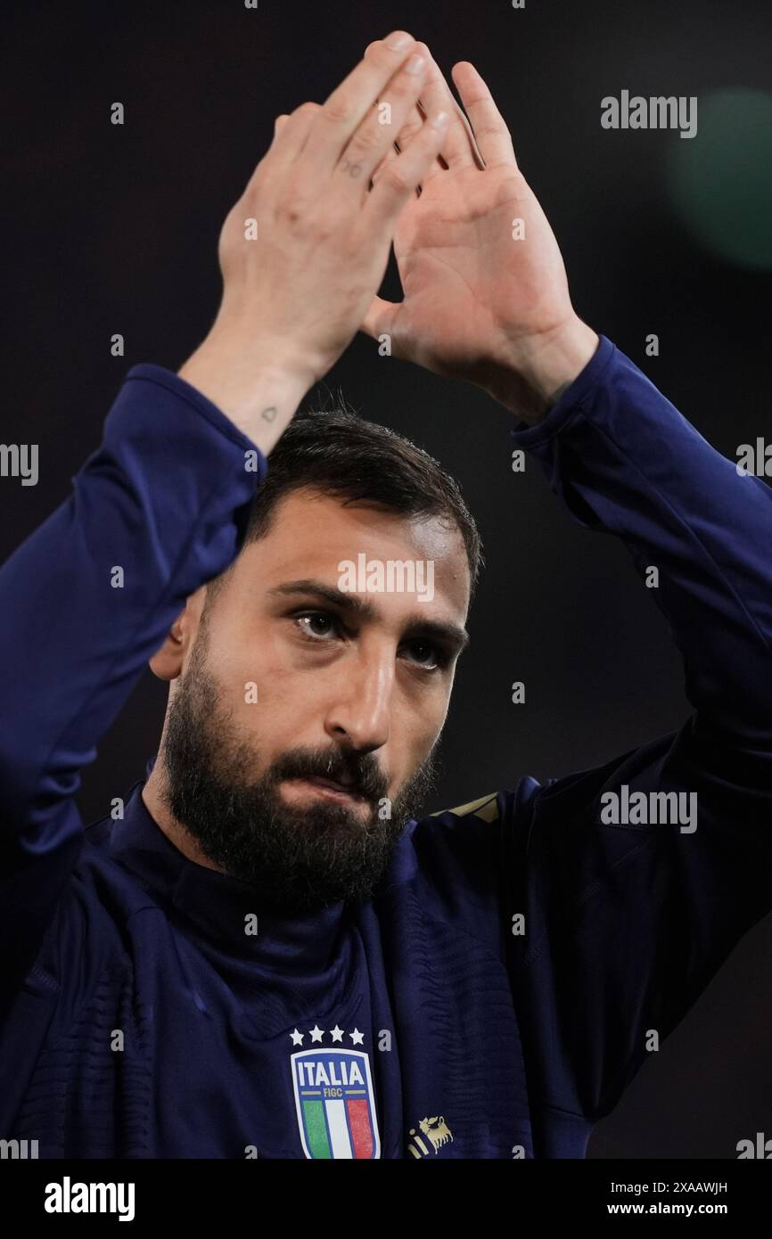 Italy's goalkeeper Gianluigi Donnarumma greets the fans during the ...