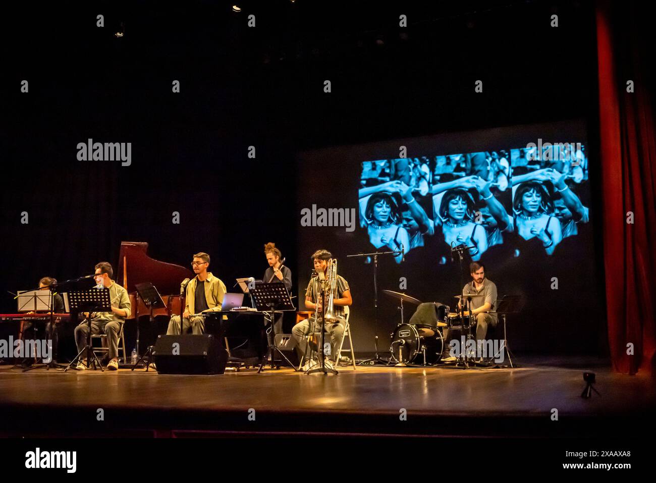 Mexican jazz band performing in Santa Ana Theatre at the Central Square ...