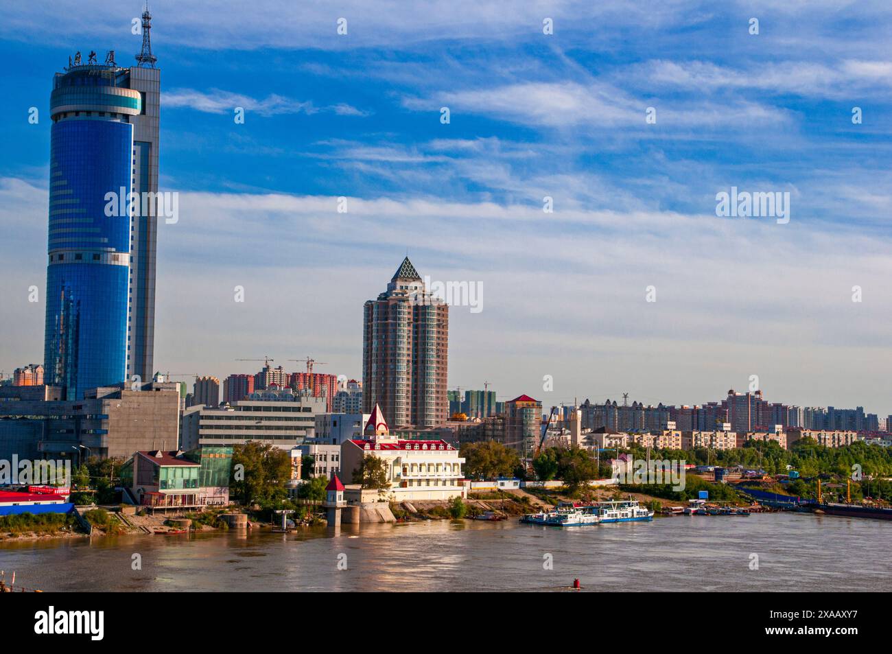 The skyline of Harbin with the Songhua River, Harbin, Heilongjiang ...