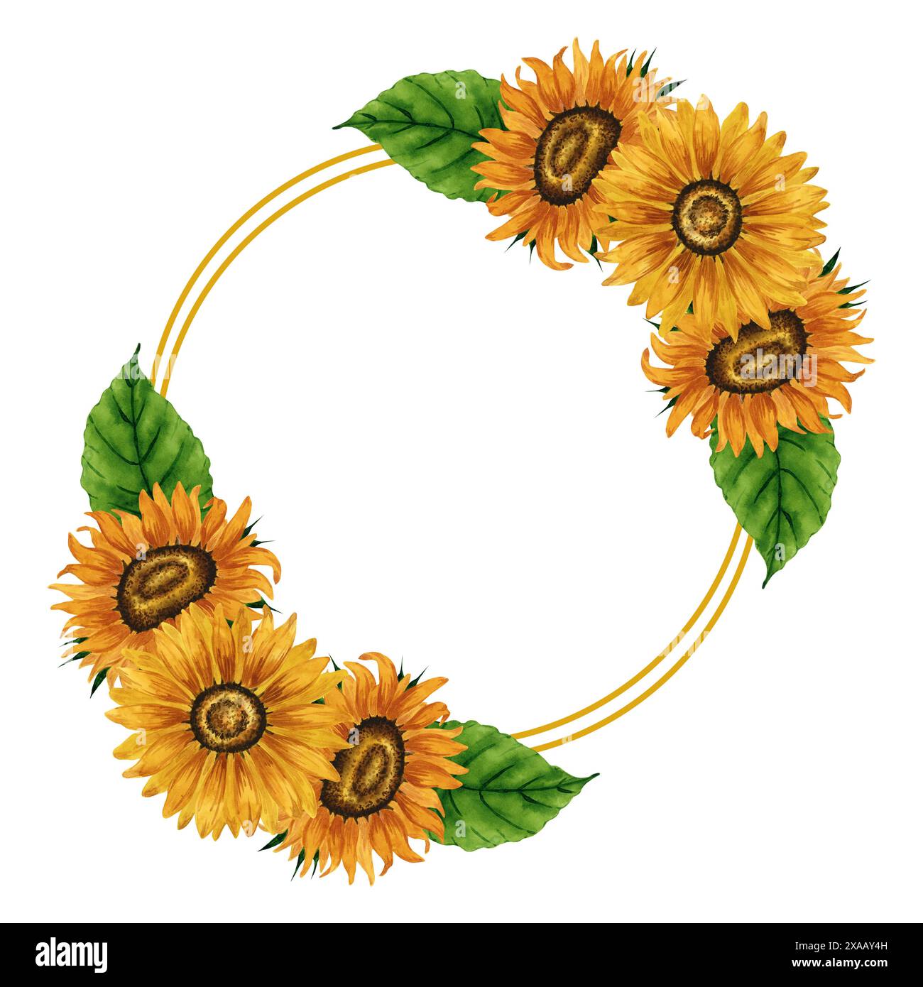 Watercolor sunflowers round frame. Wreath frame with yellow flowers ...