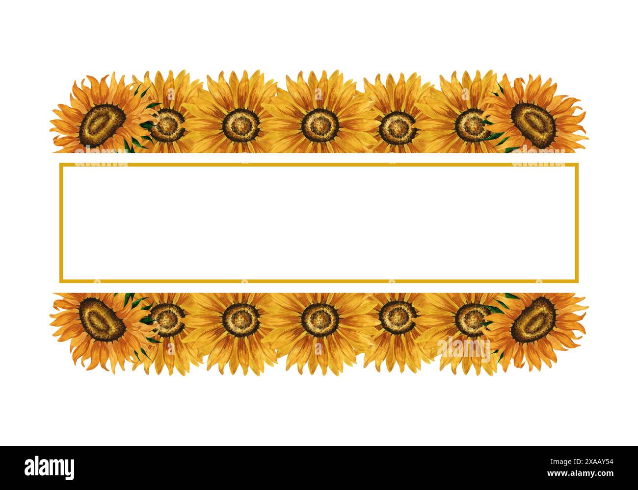 Watercolor sunflowers border. Rectangular frame with yellow flowers ...