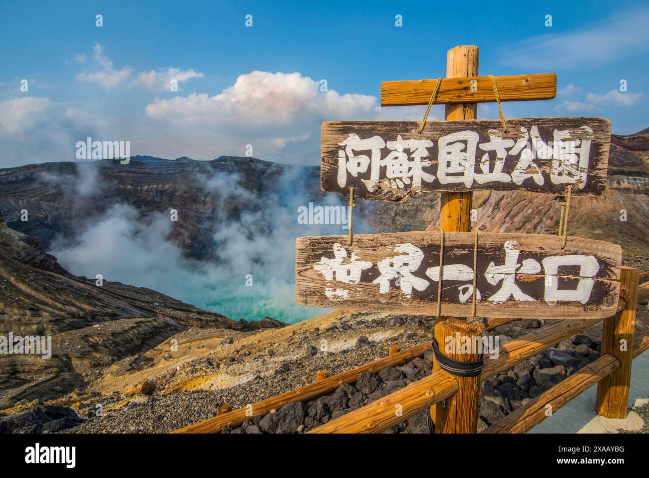 Japanese warning sign on the Crater rim of Mount Naka, an active ...
