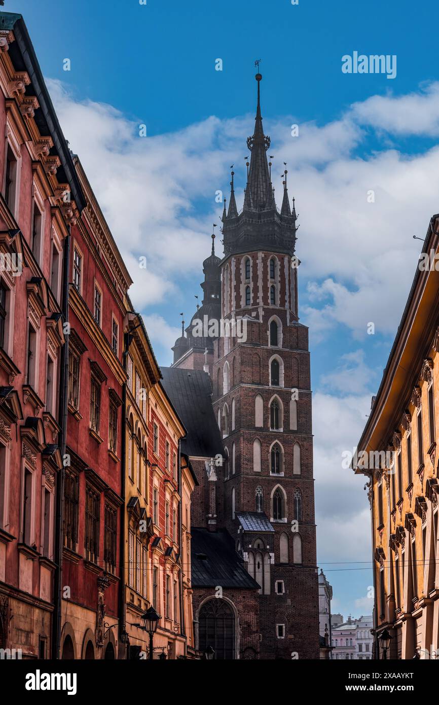 Day view of the Gothic watchtower of Saint Mary Roman Catholic Basilica ...