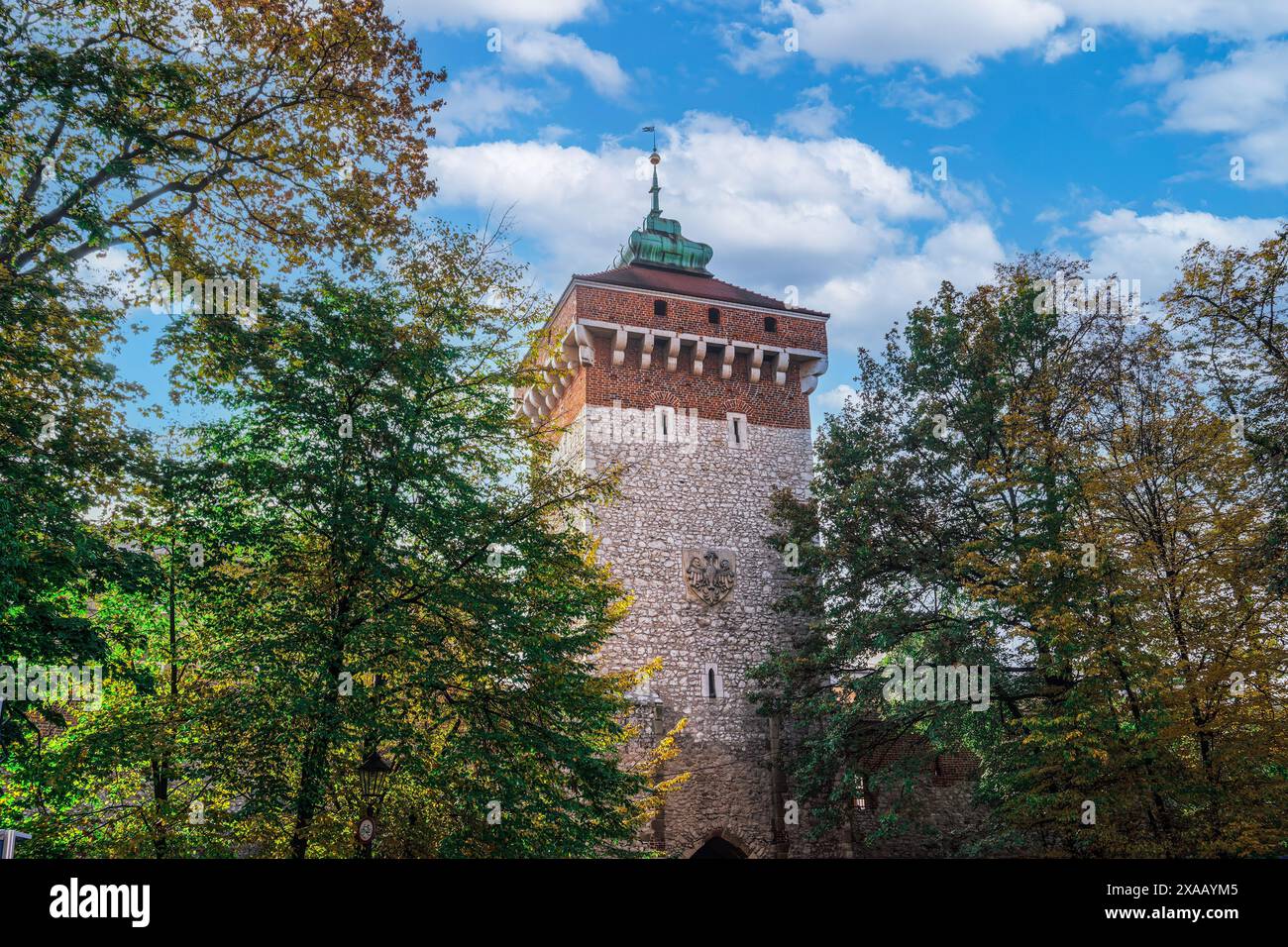 Low angle view of 14th century Gothic tower, Saint Florian Gate (Brama ...