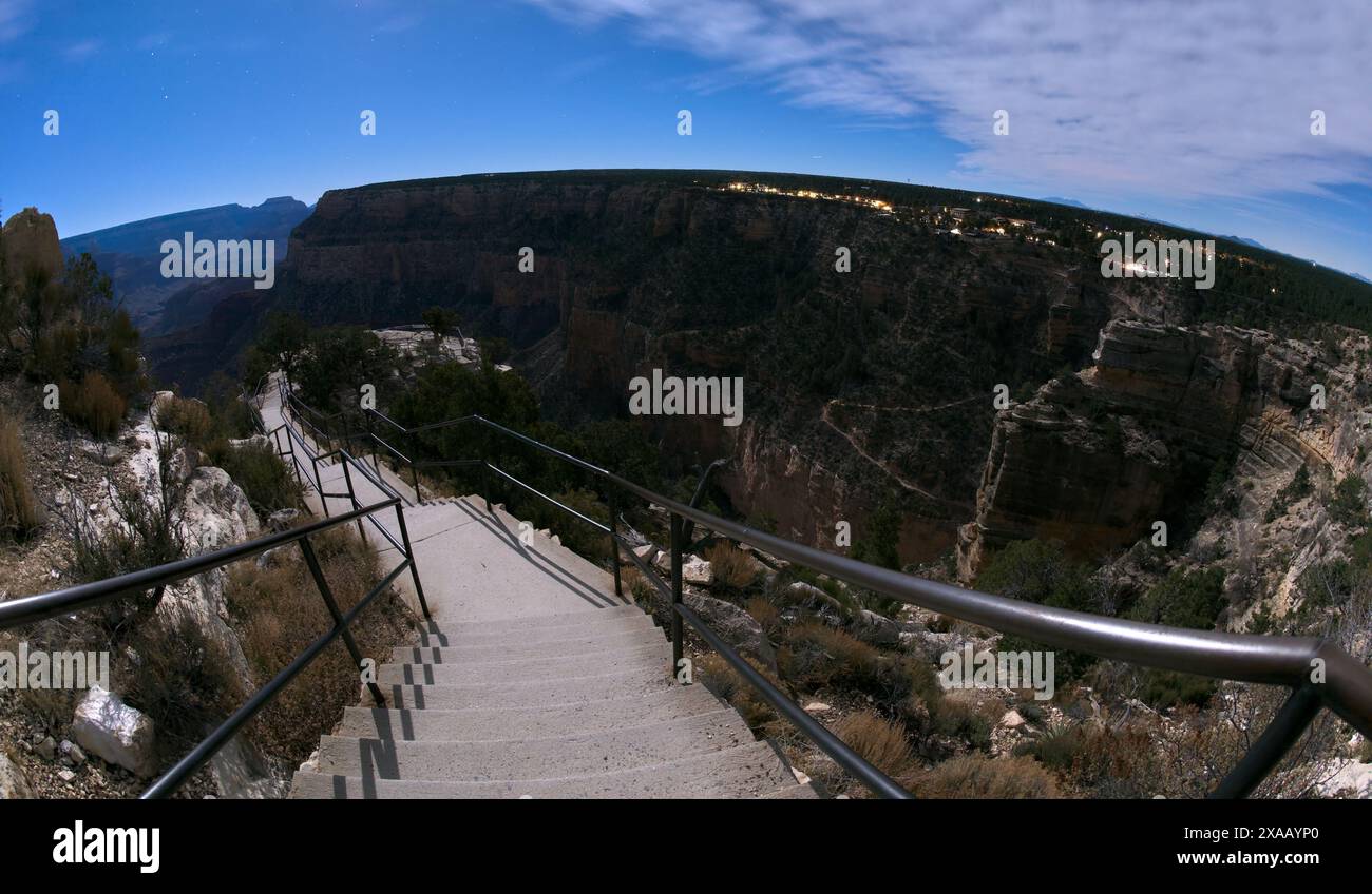 Steps leading down to Trailview Overlook under moonlight, Grand Canyon ...