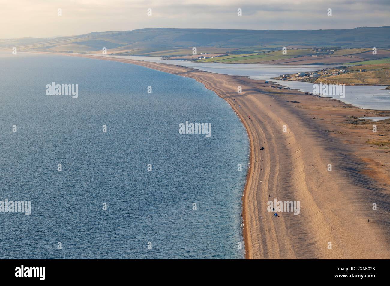 Elevated view of Chesil Beach at sunset, Jurassic Coast, UNESCO World ...