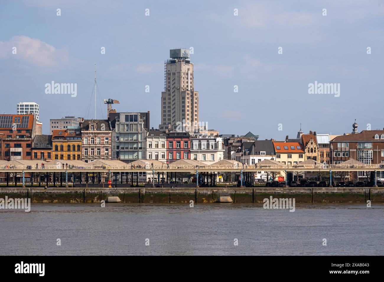 Skyline and River Schelde waterfront, central Antwerp, Belgium, Europe ...
