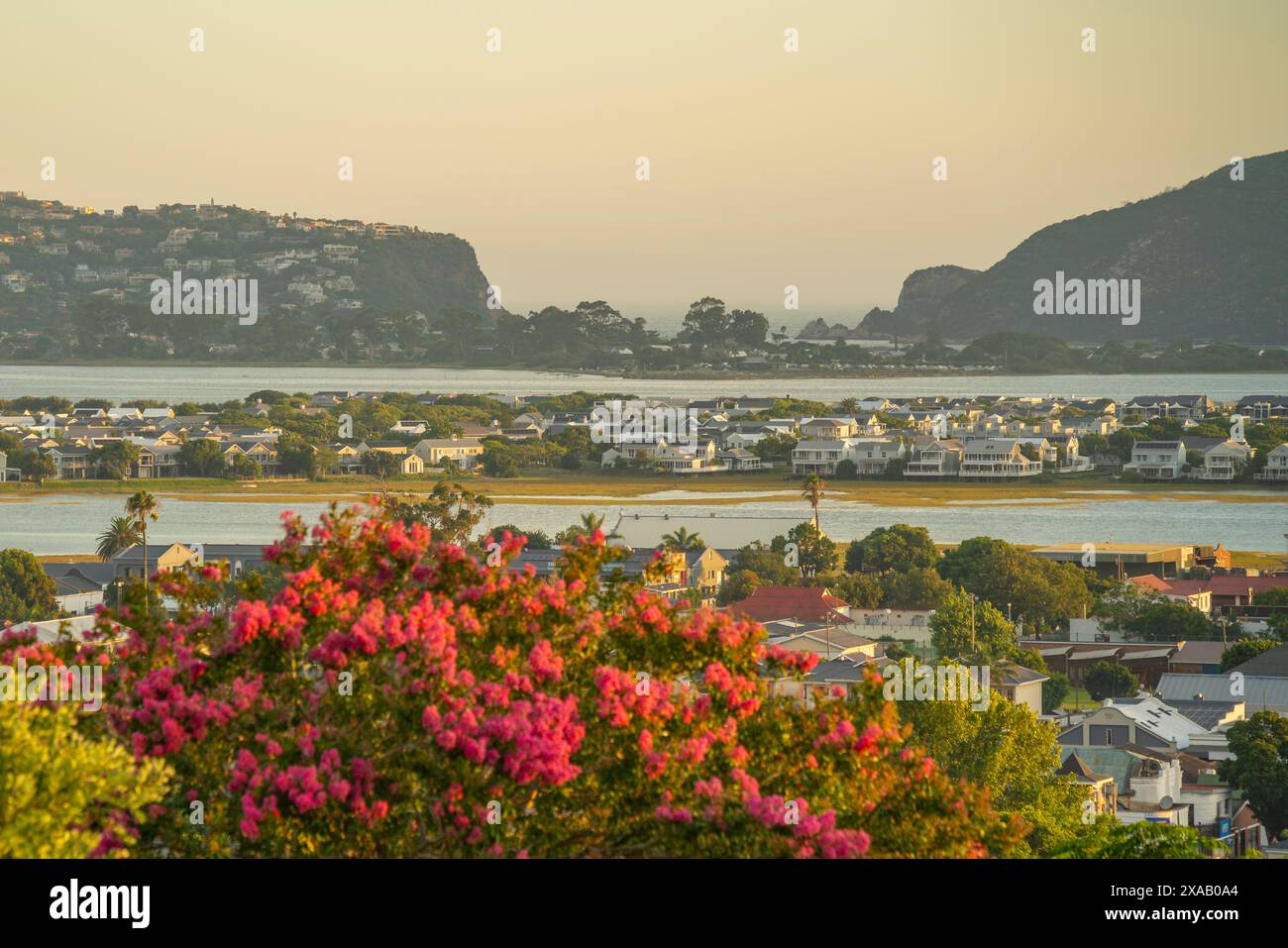 View of suburbs and Knysna River at sunset, Knysna, Garden Route ...