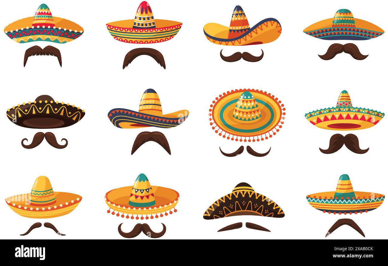 Mexican sombrero hats and mustache. Traditional sombreros with ethnic ...