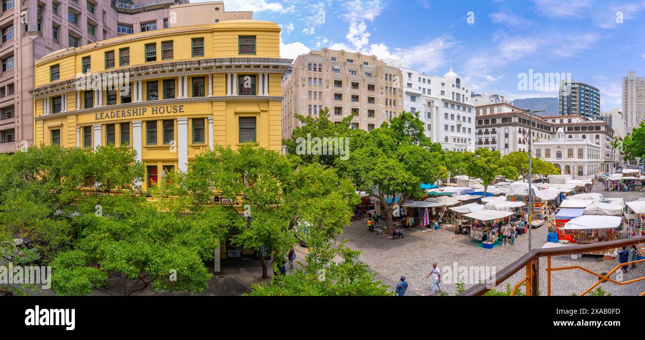 Elevated view of trees, buildings and souvenir stalls on Greenmarket ...