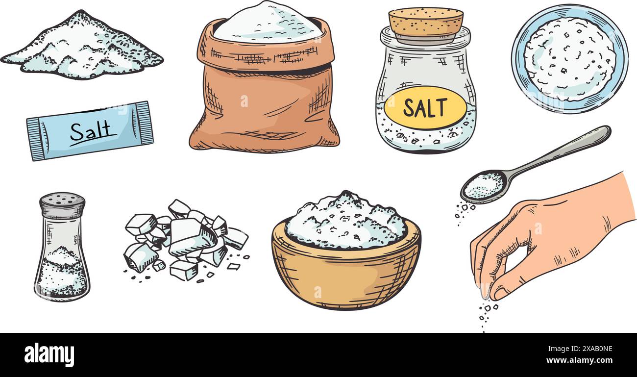 Sketch salt. Hand drawn pile of salt, corked glass jar and rock salt ...