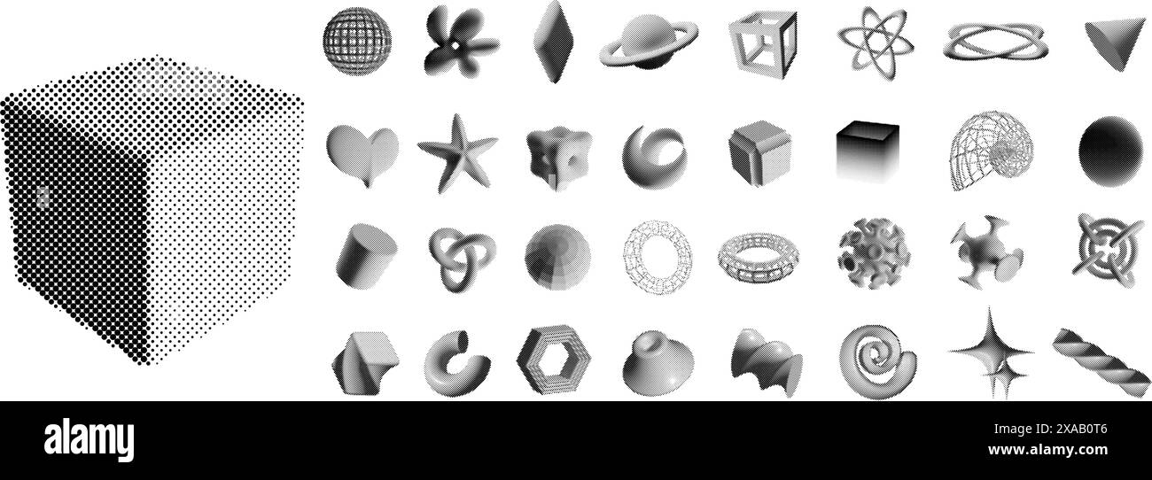 Halftone 3D shapes. Geometric figures and abstract forms with halftone ...