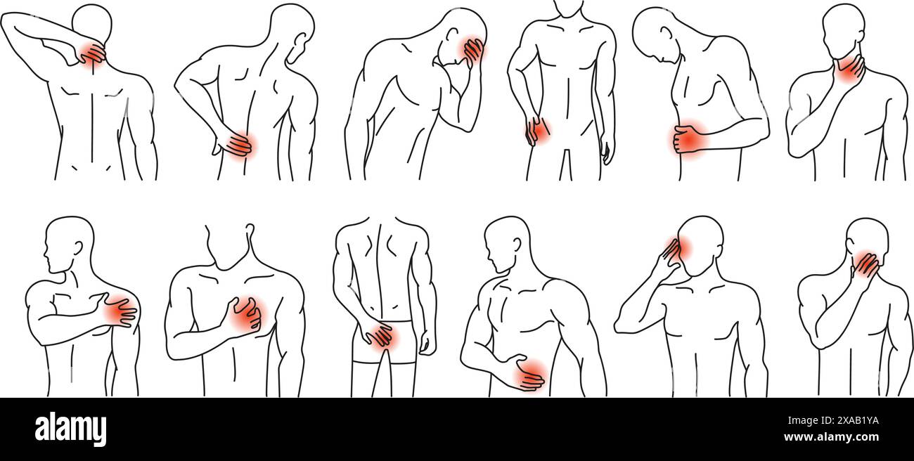 Human body pain spots. Man figures with highlighted areas of pain or ...