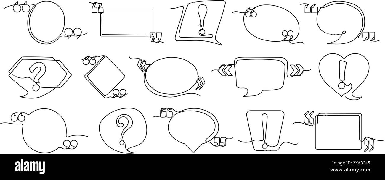Continuous one line quote frames. Hand drawn speech and thought bubbles with exclamation points ...