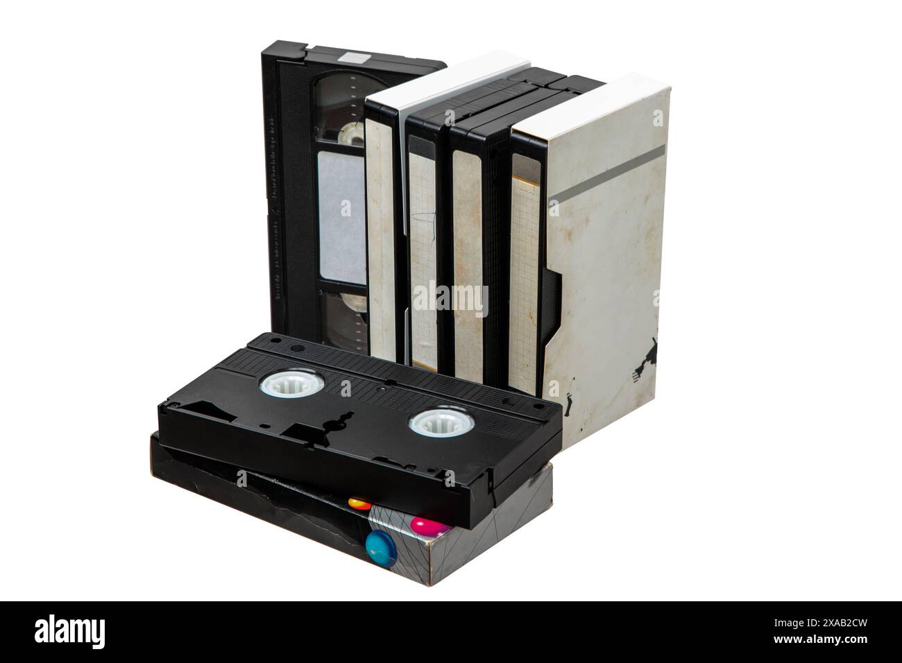 Pile of VHS video cassettes. Vintage media. Isolate on a white ...