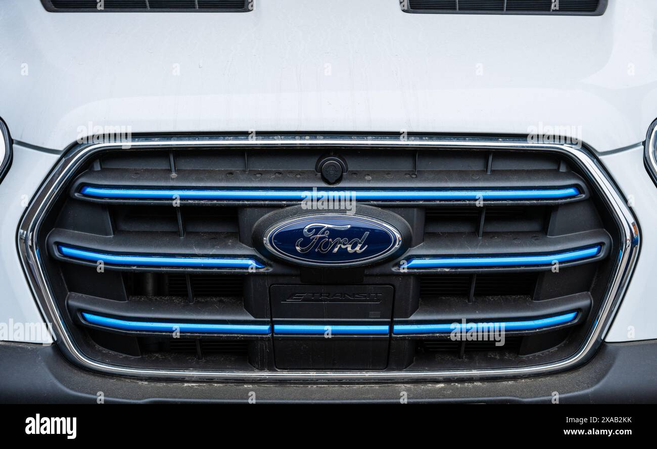 Stockholm, Sweden - March 09 2024: Grille of a Ford Transit Electric ...