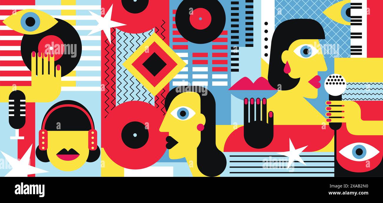 Abstract geometric pop art background. Musical instruments, people ...