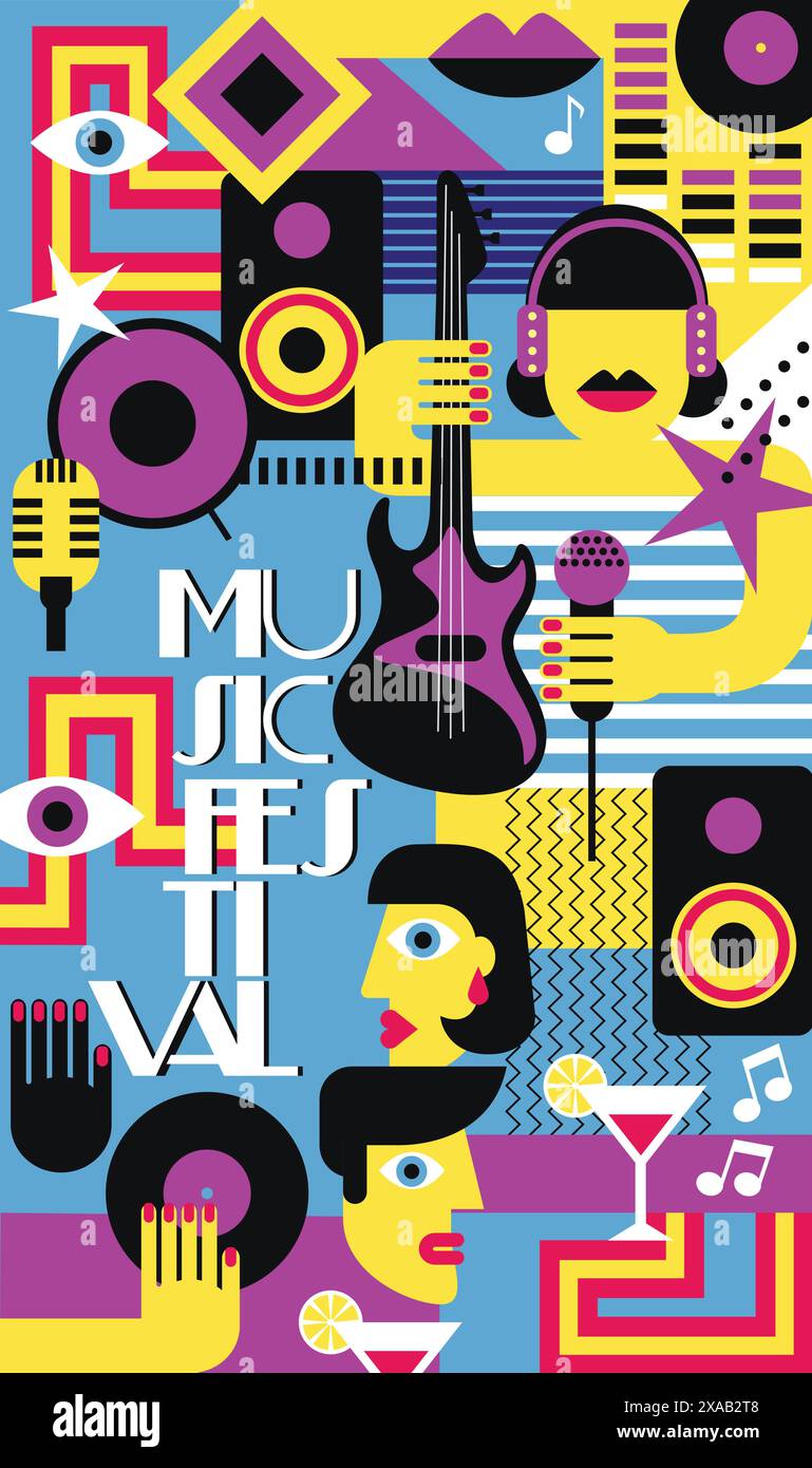 Abstract geometric music festival poster. Musical instruments, party cocktails and singer pop ...