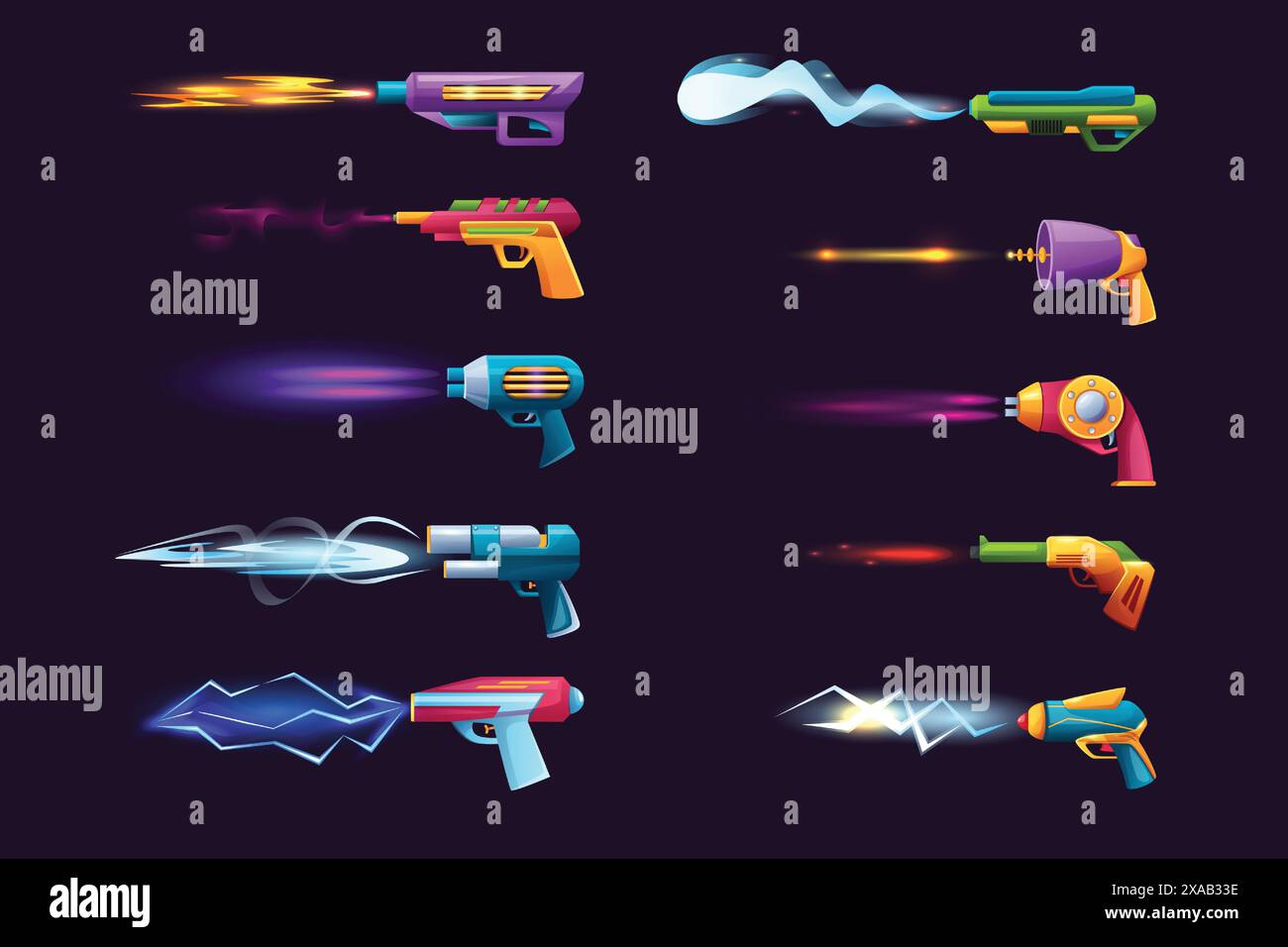 Futuristic shooting blasters. Laser guns, alien weapons with glowing ...