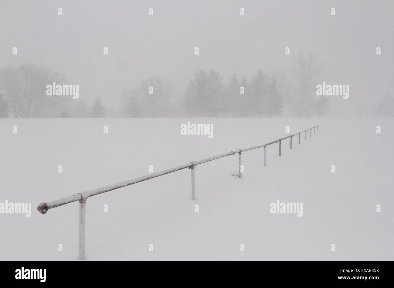 A rail sits freezing in an empty farmer’s field while a winter storm ...