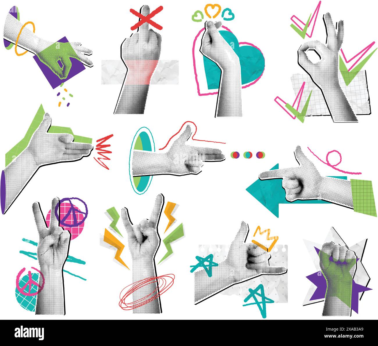 Halftone hand gestures collage. Mixed media hands compositions, pop art pointing gestures and ...