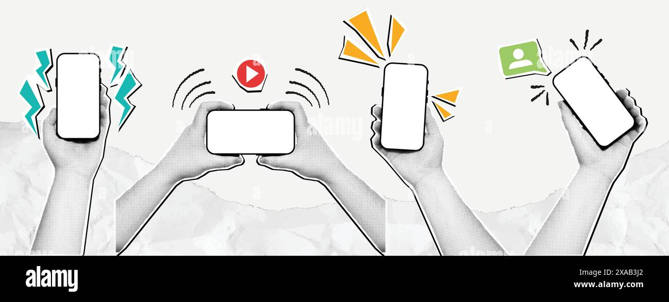 Halftone hand with smartphone mockup. Mixed media mobile phone screen ...