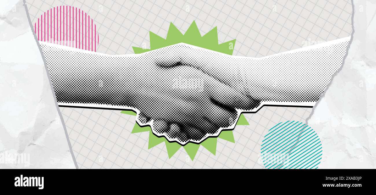 Halftone handshake collage. Win win deal, mixed media shaking hands symbolizing agreement ...
