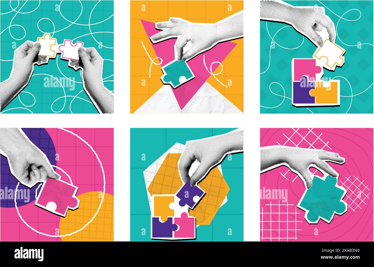 Halftone puzzle collage. Mixed media hands holding puzzle pieces, problem solving solution and ...