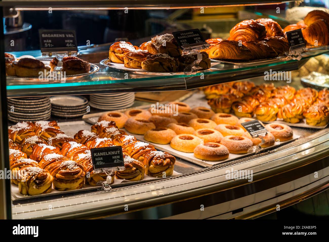 Kanellbullar and other pastries in a bakery in Uppsala, Sweden. These ...
