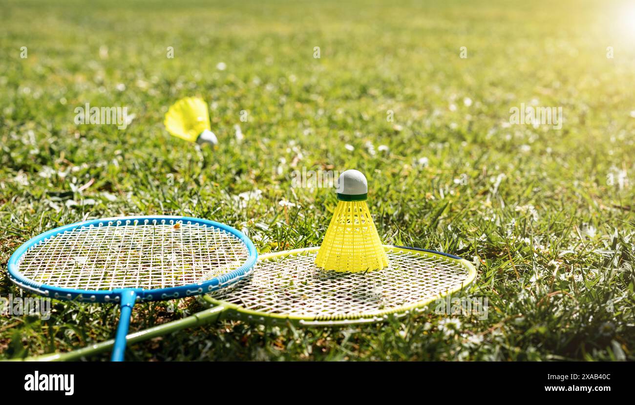 Badminton rackets and shuttlecocks on green grass in park Stock Photo ...
