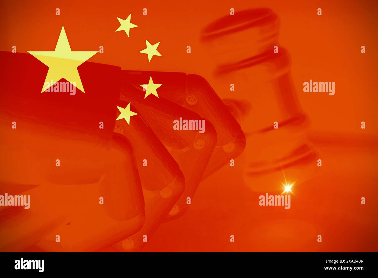 Robotic hand using a judge gavel with the Chinese flag as background ...