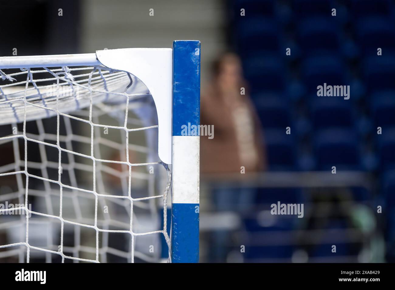 Gate for futsal or handball in gym. Detail of gate frame and net ...