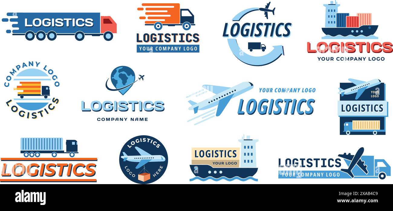 Logistics emblem. Transportation company icons with truck, airplane ...