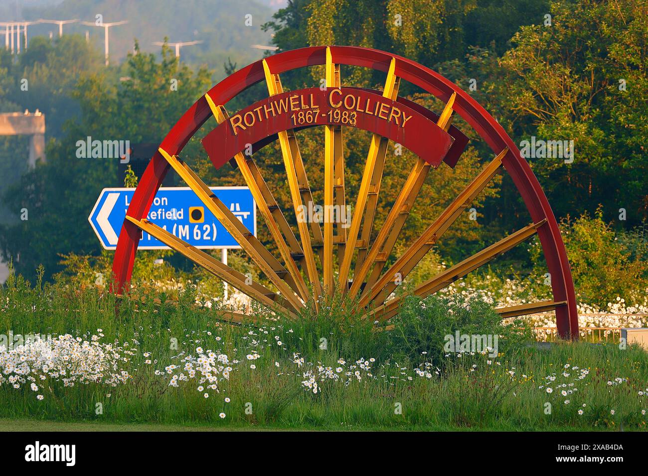 Rothwell Colliery Wheel located on a roundabout next to the M1 motorway ...