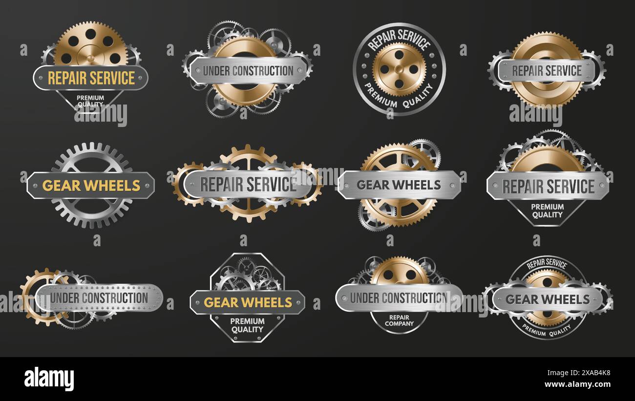 Metal gear emblem. Repair service and under construction badges with ...