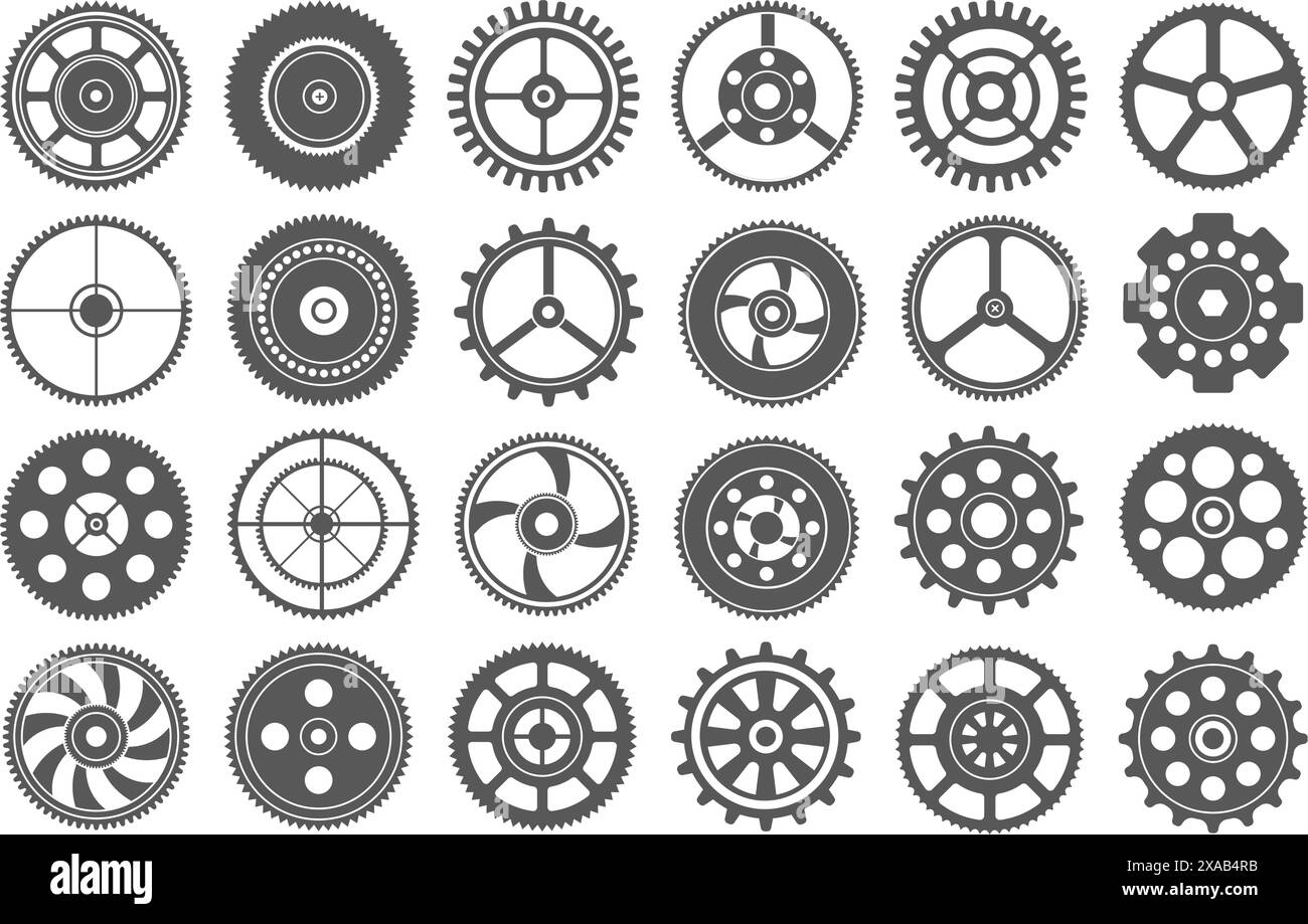 Flat gears. Mechanical cogwheels, stencil machine gear icons for ...