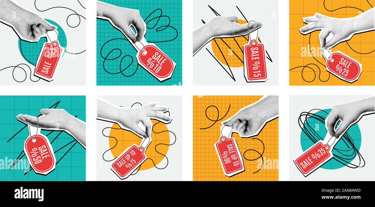 Halftone discount collage. Mixed media hand holding price tags with ...