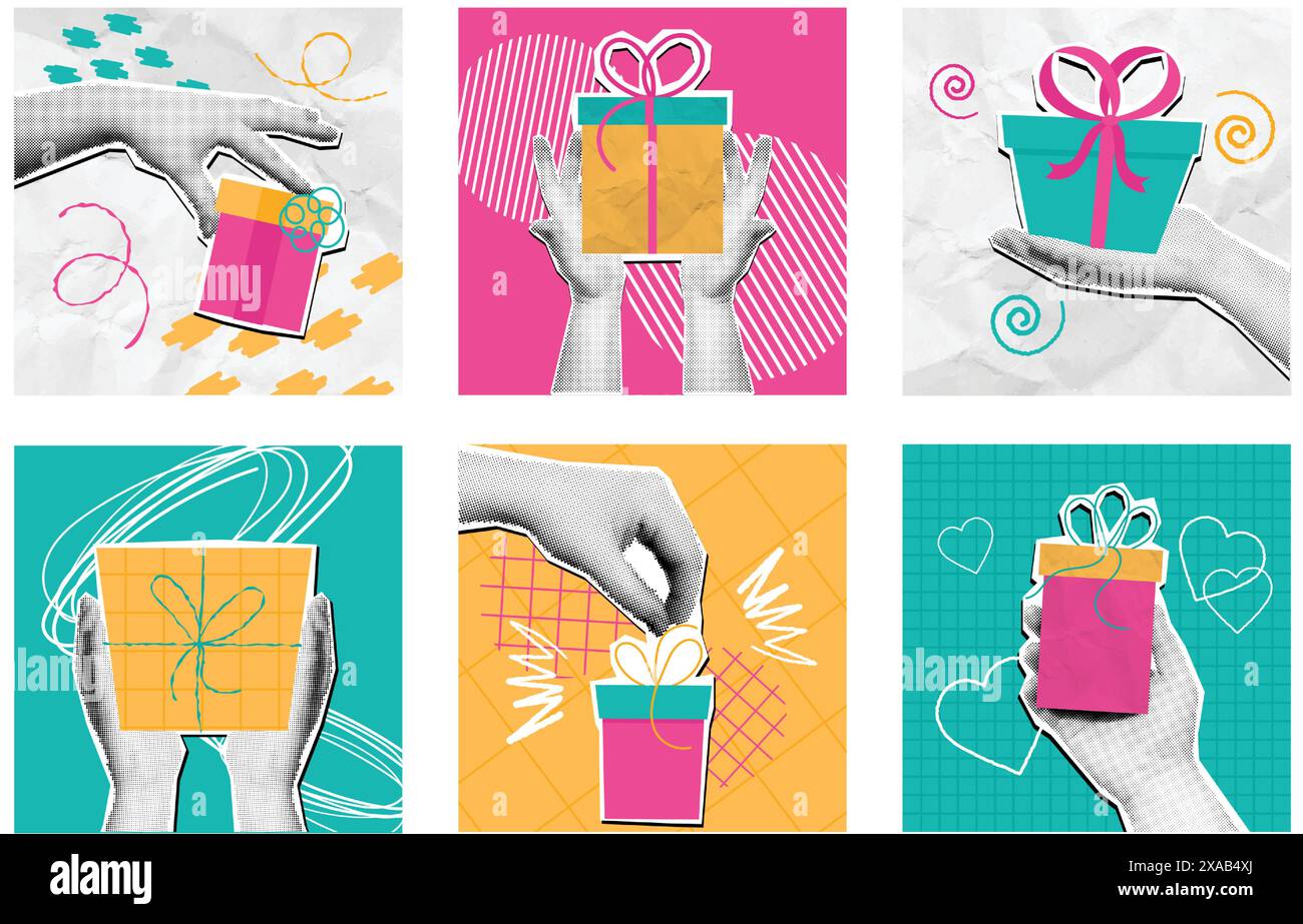 Mixed media hand with gifts. Halftone hands holding birthday gift box ...