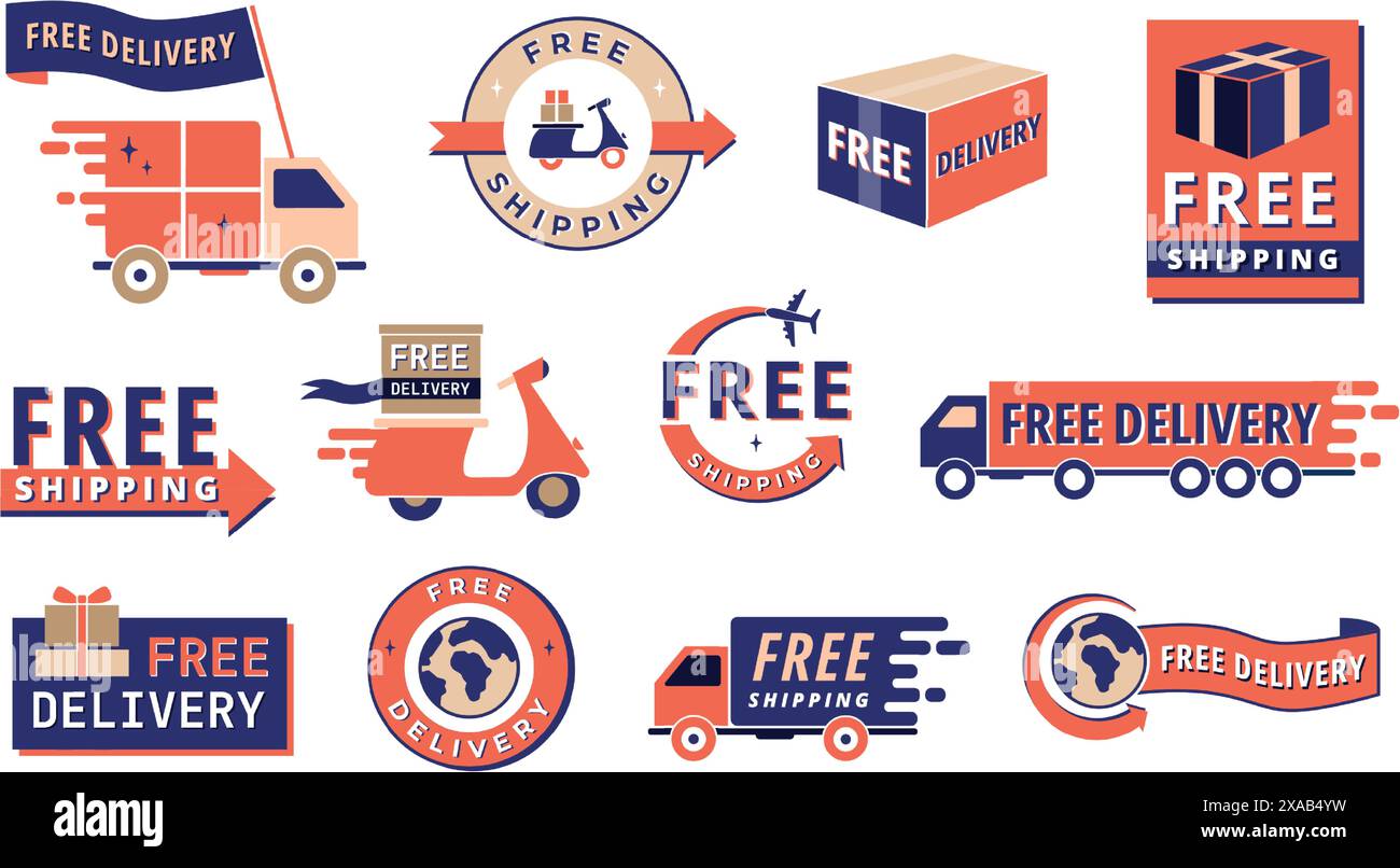 Free shipping label. Delivery service badge with truck, scooter and ...