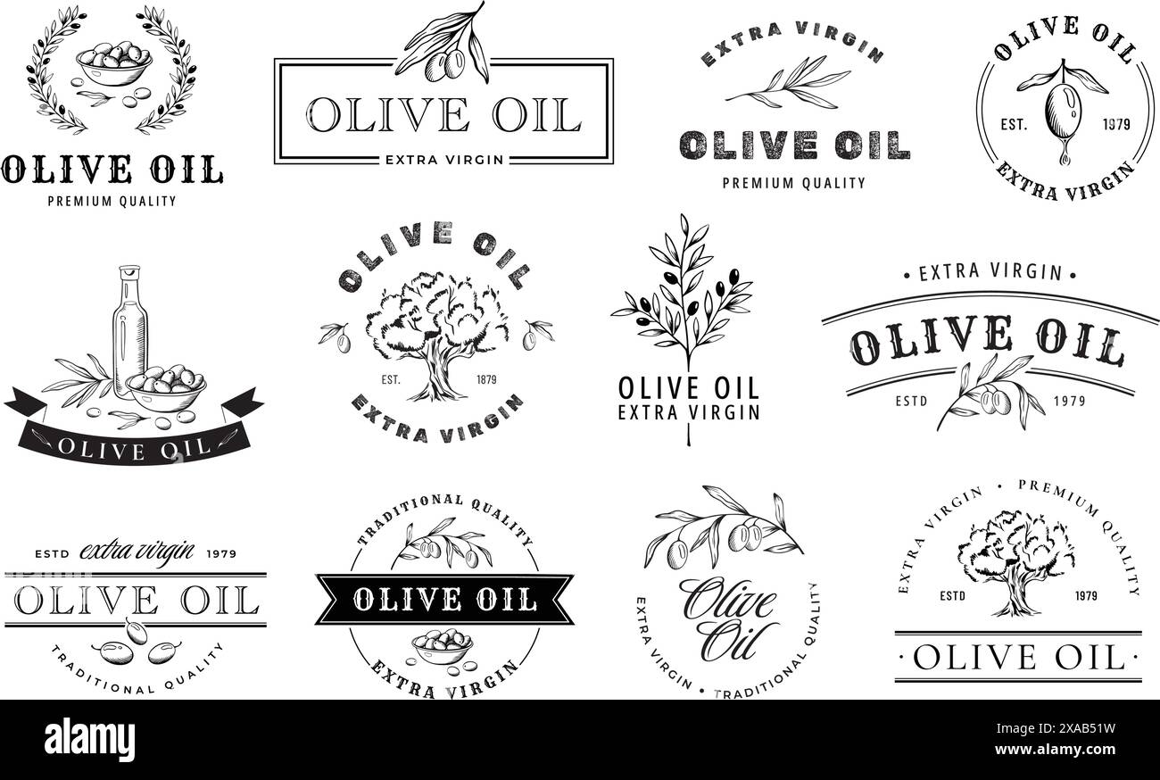 Olive oil emblem. Hand drawn labels for extra virgin oil or olive ...