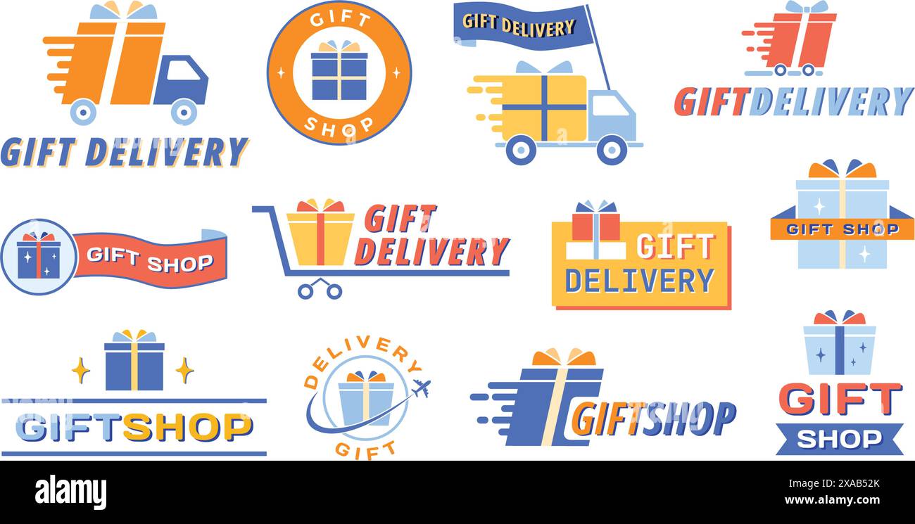 Gift delivery icons. Presents service or gift shop emblem with gift box ...