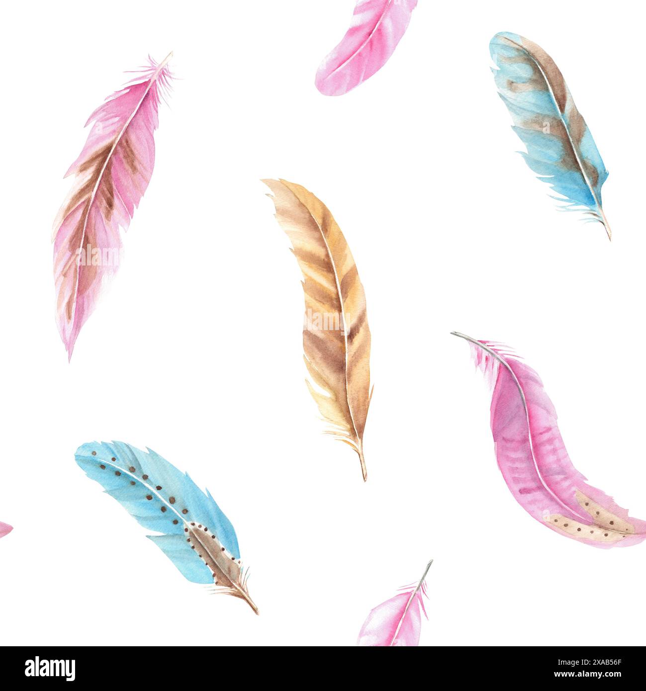 Colored Feathers Watercolor seamless pattern on white background. Hand ...