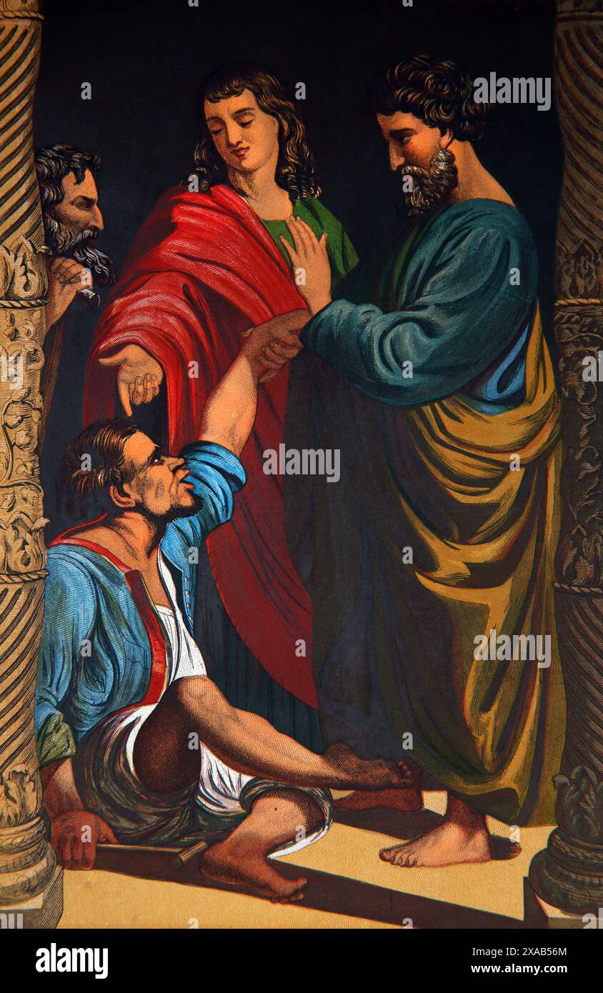 Wood Engraving of Peter and John Healing the Lame Man at the Temple of ...