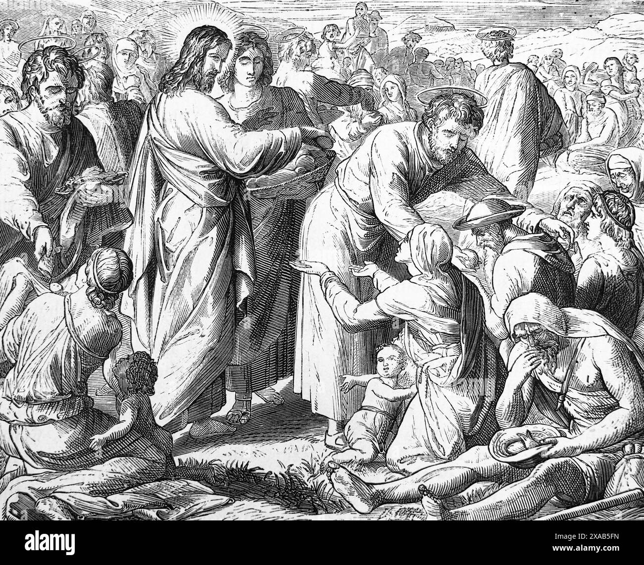 Wood Engraving of Jesus Christ and his Apostles Feeding the Multitude ...
