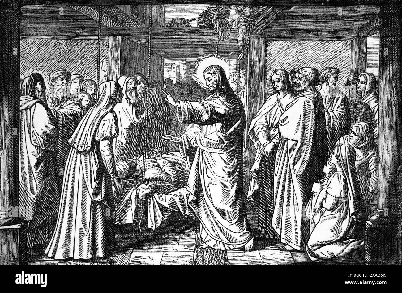 Wood Engraving of a Paralyzed Man who was Lowered on a stretcher ...