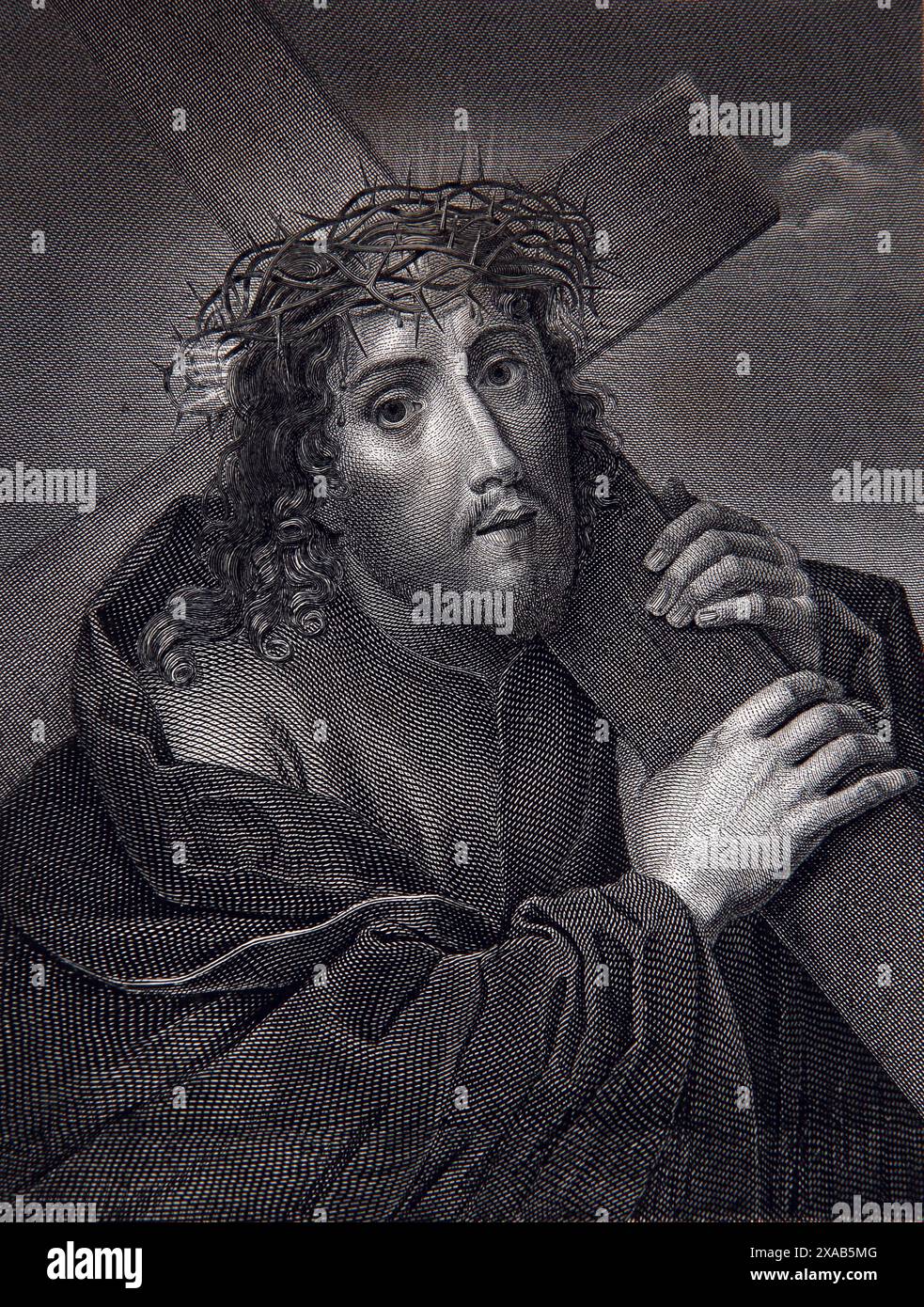Wood Engraving of Jesus Christ with Crown of Thorns Carrying the cross ...