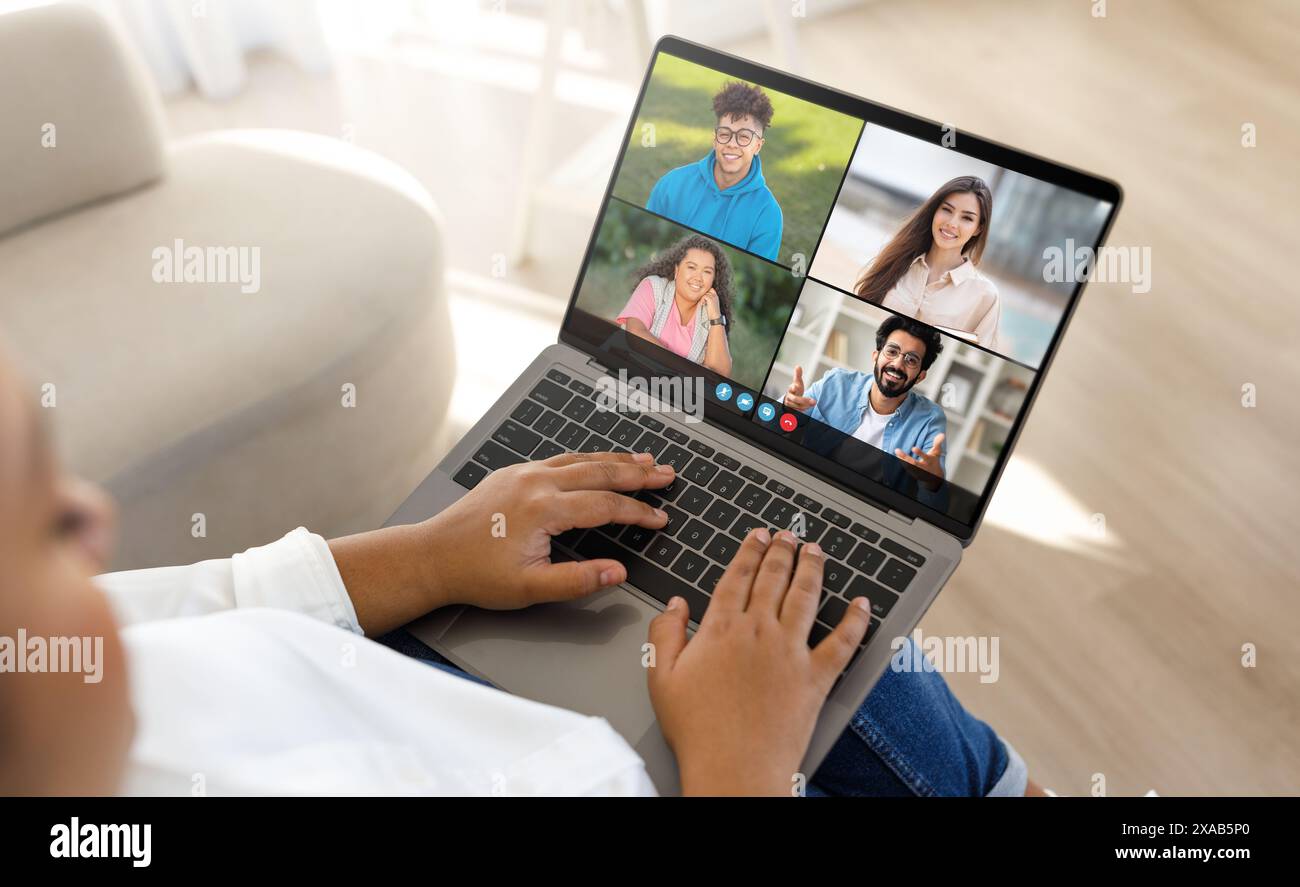Group of Friends Enjoying Virtual Meeting on Laptop During Daytime ...