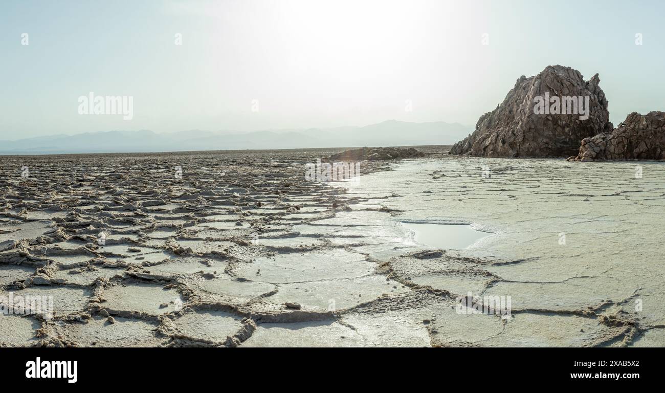 Karum white salt lake surface, Danakil Depression desert, Afar region ...
