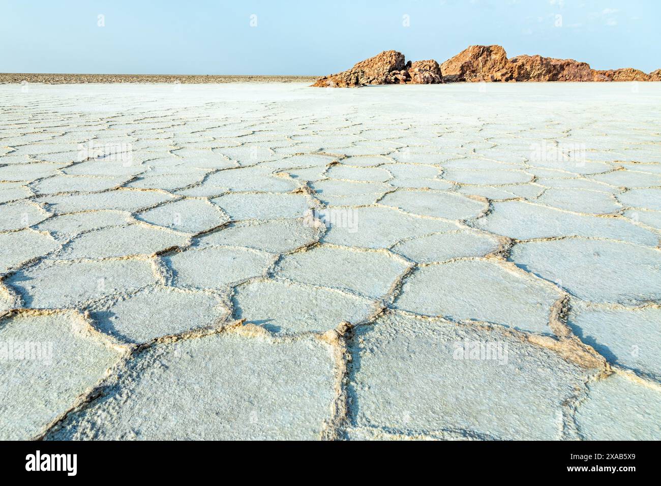 Karum white salt lake surface, Danakil Depression desert, Afar region ...