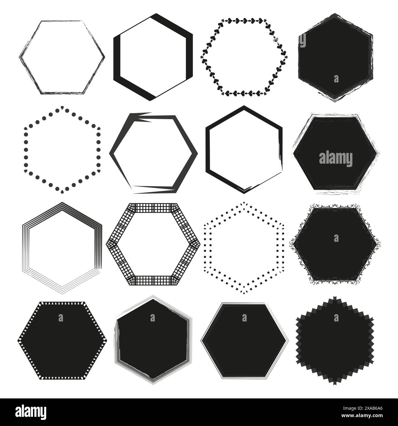 Hexagon frame collection. Geometric border shapes. Black and white variety. Vector design set ...
